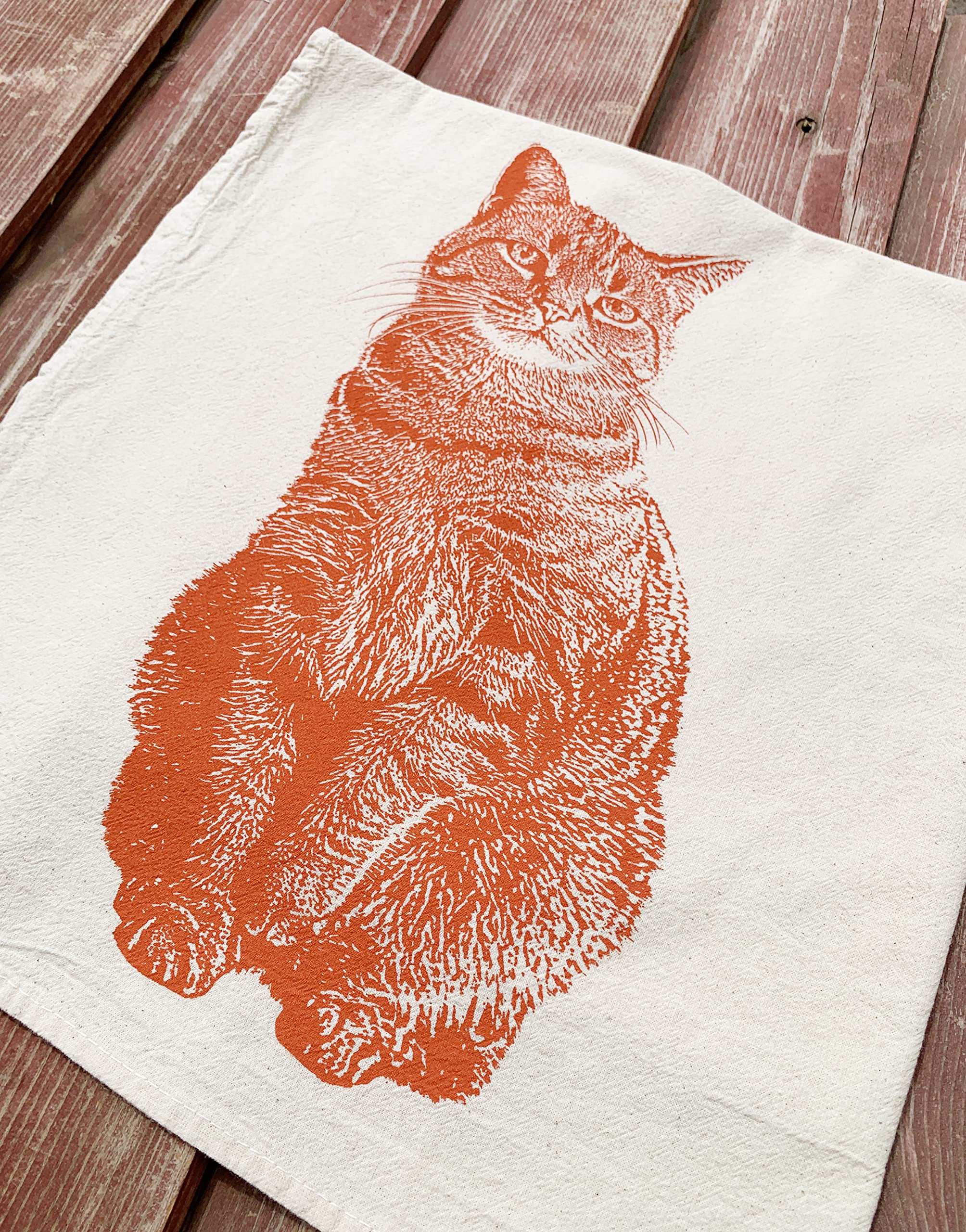 Tabby Cat Tea Towel in Orange, Cat Tea Towel, Cat Towel, Orange Cat Towel - Hand Printed Flour Sack Tea Towel, Cat Towel, Christmas Cat Towel