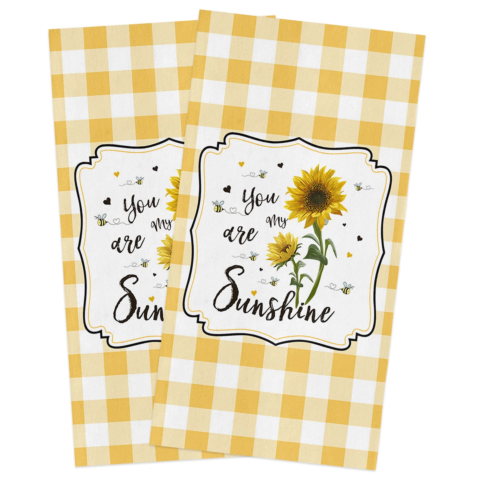 2 Pack Dish Towel for Kitchen,Absorbent Dishes Cloth Spring Sunflowers Farmhouse Bee Soft Hand Towels for Home Cleaning Quick Drying Bathroom Cloths Terry Yellow White Buffalo Check