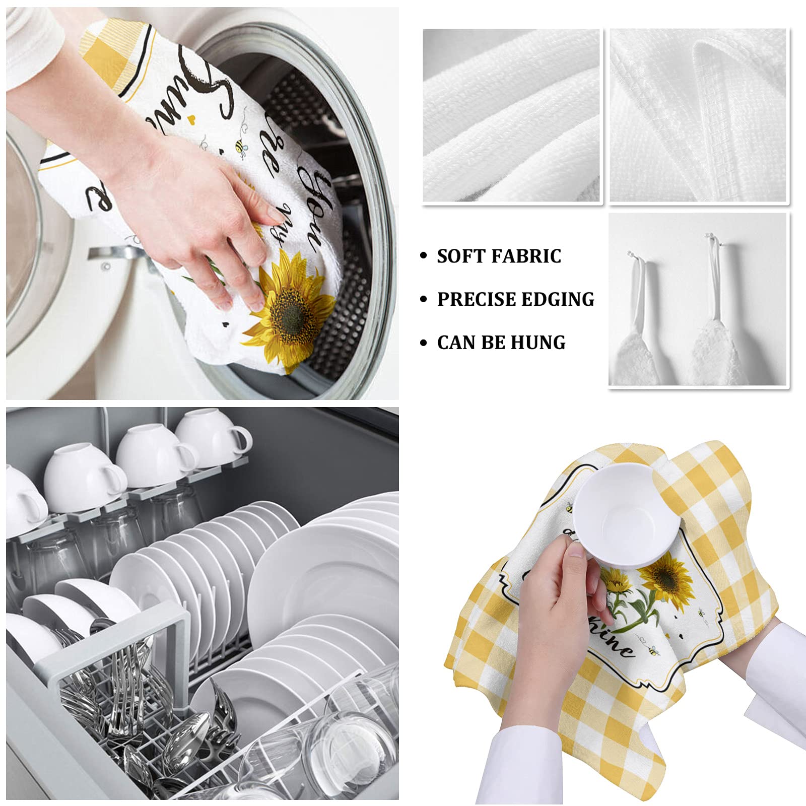 2 Pack Dish Towel for Kitchen,Absorbent Dishes Cloth Spring Sunflowers Farmhouse Bee Soft Hand Towels for Home Cleaning Quick Drying Bathroom Cloths Terry Yellow White Buffalo Check