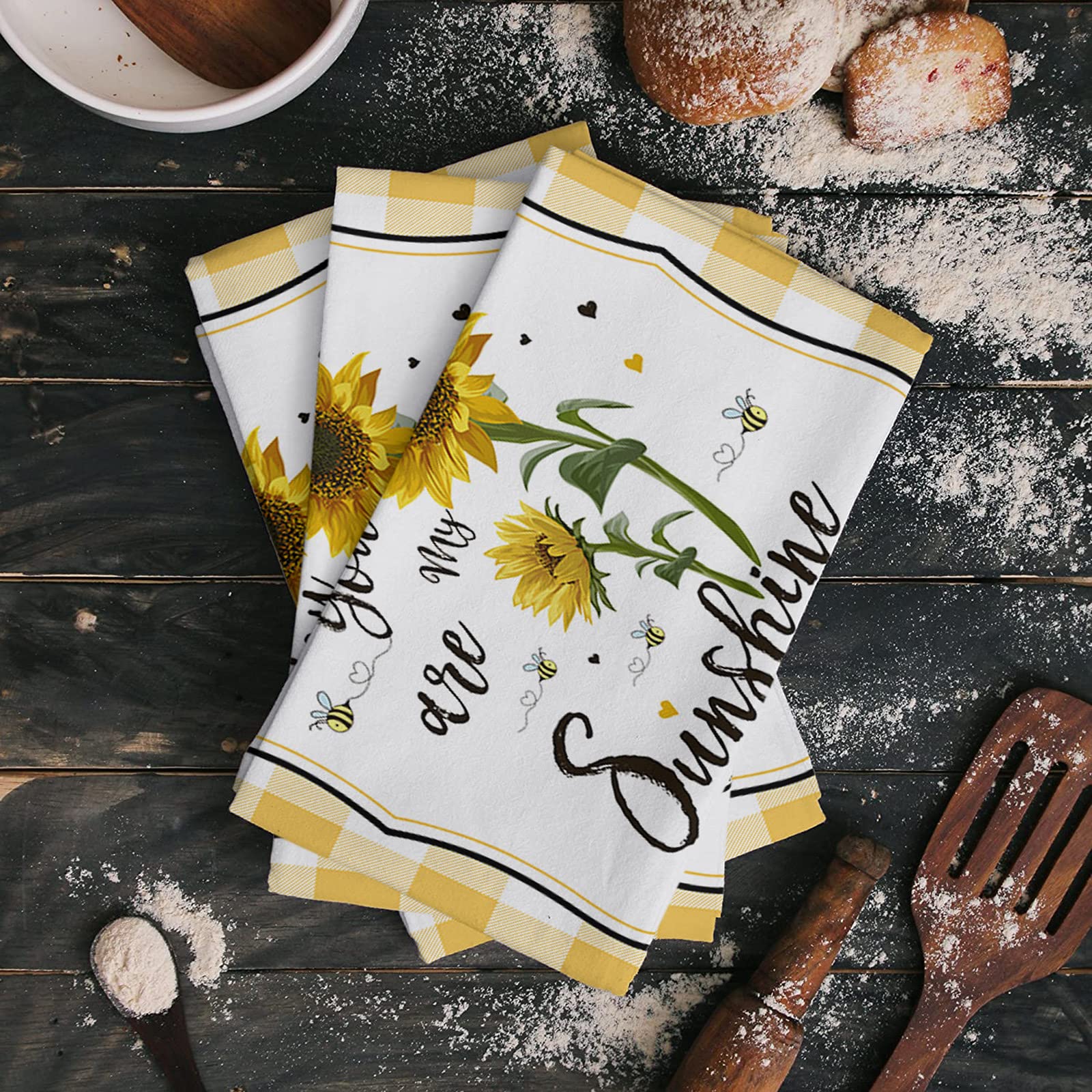 2 Pack Dish Towel for Kitchen,Absorbent Dishes Cloth Spring Sunflowers Farmhouse Bee Soft Hand Towels for Home Cleaning Quick Drying Bathroom Cloths Terry Yellow White Buffalo Check