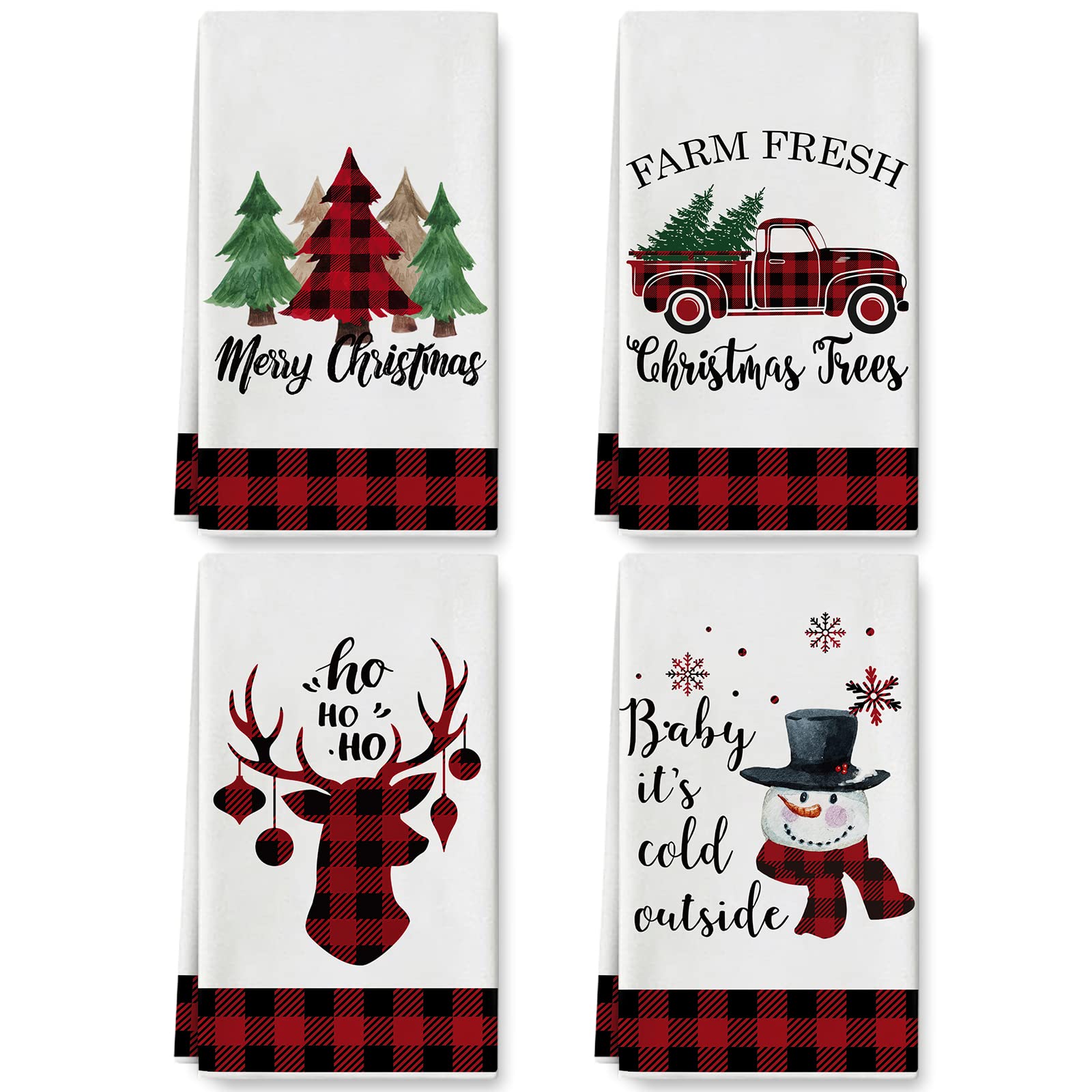 AnyDesign Christmas Kitchen Dish Towels 18 x 28 in Buffalo Plaids Reindeer Xmas Tree Truck Snowman Tea Towel Red Black Plaids Ultra Absorbent Cloth Hand Drying for Cooking Baking Home Supplies, 4Pcs