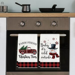 AnyDesign Christmas Kitchen Dish Towels 18 x 28 in Buffalo Plaids Reindeer Xmas Tree Truck Snowman Tea Towel Red Black Plaids Ultra Absorbent Cloth Hand Drying for Cooking Baking Home Supplies, 4Pcs