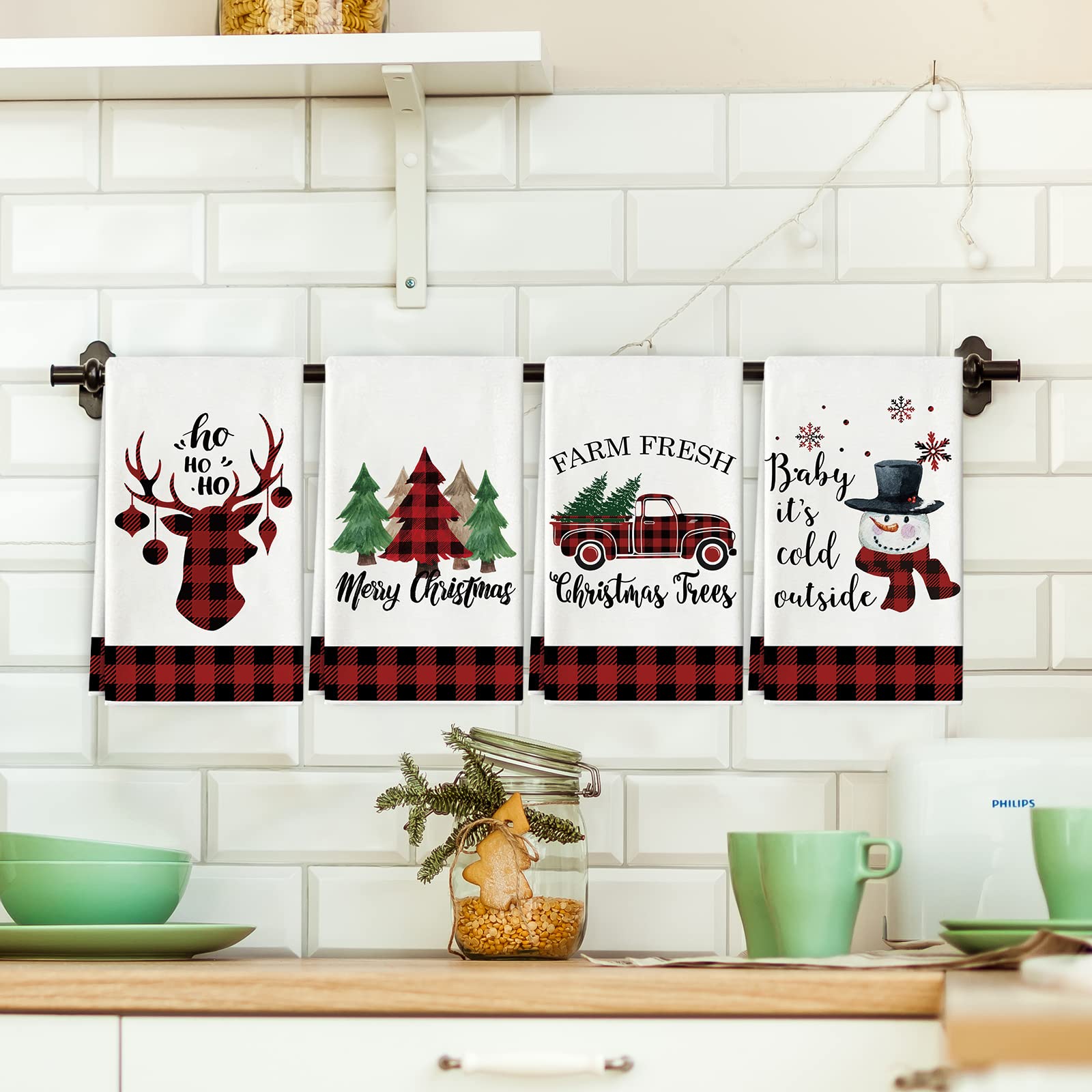 AnyDesign Christmas Kitchen Dish Towels 18 x 28 in Buffalo Plaids Reindeer Xmas Tree Truck Snowman Tea Towel Red Black Plaids Ultra Absorbent Cloth Hand Drying for Cooking Baking Home Supplies, 4Pcs