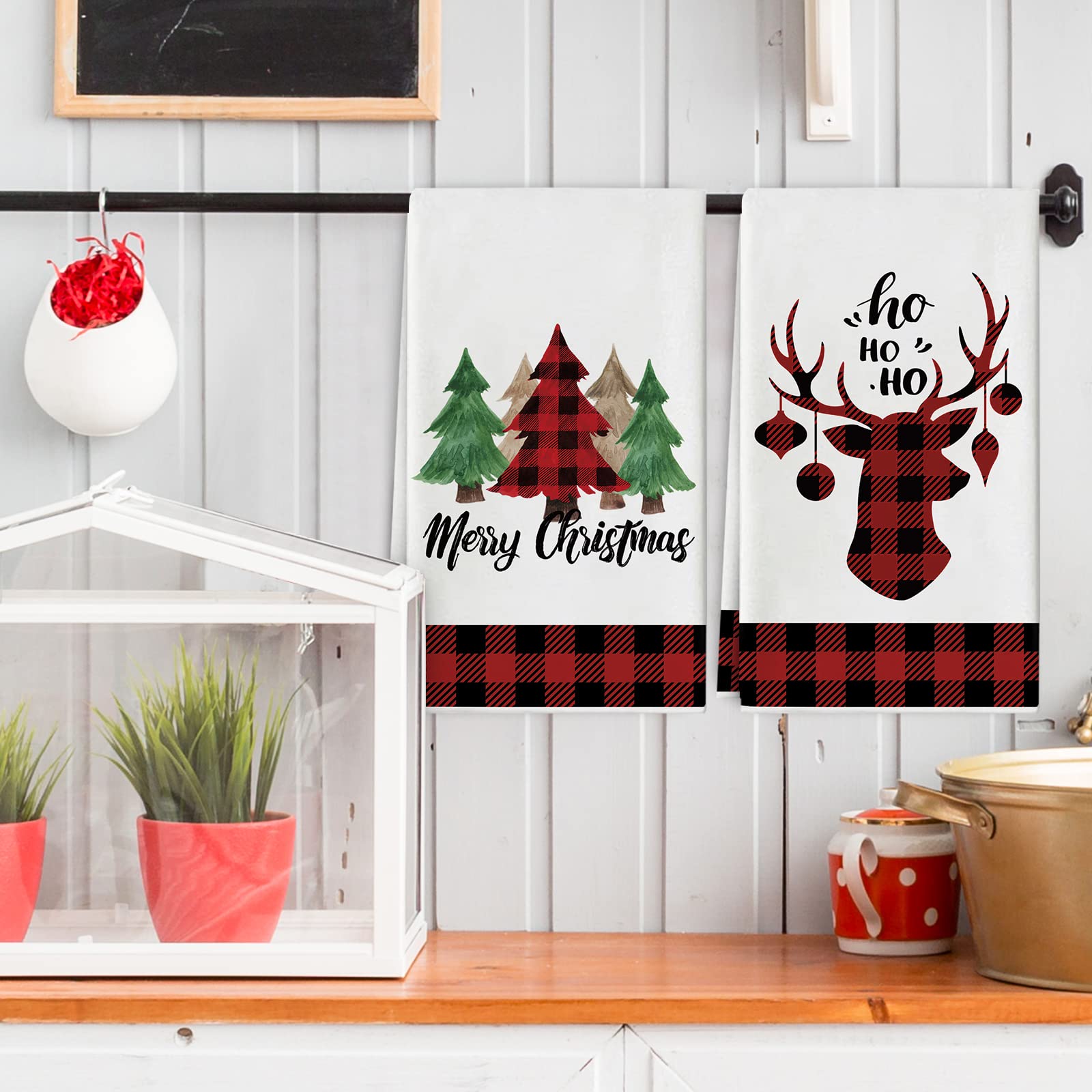 AnyDesign Christmas Kitchen Dish Towels 18 x 28 in Buffalo Plaids Reindeer Xmas Tree Truck Snowman Tea Towel Red Black Plaids Ultra Absorbent Cloth Hand Drying for Cooking Baking Home Supplies, 4Pcs