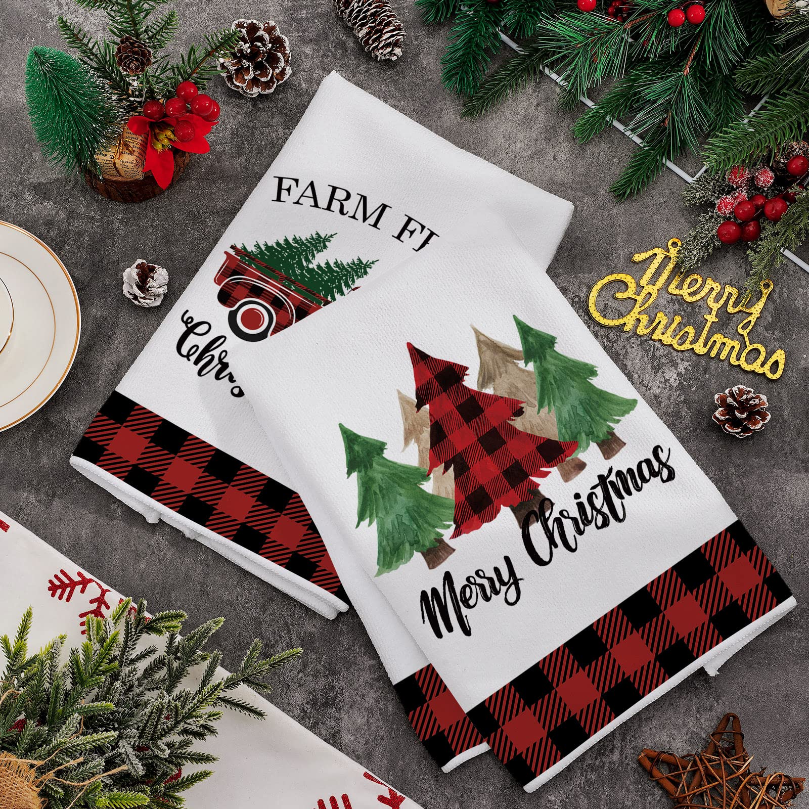 AnyDesign Christmas Kitchen Dish Towels 18 x 28 in Buffalo Plaids Reindeer Xmas Tree Truck Snowman Tea Towel Red Black Plaids Ultra Absorbent Cloth Hand Drying for Cooking Baking Home Supplies, 4Pcs