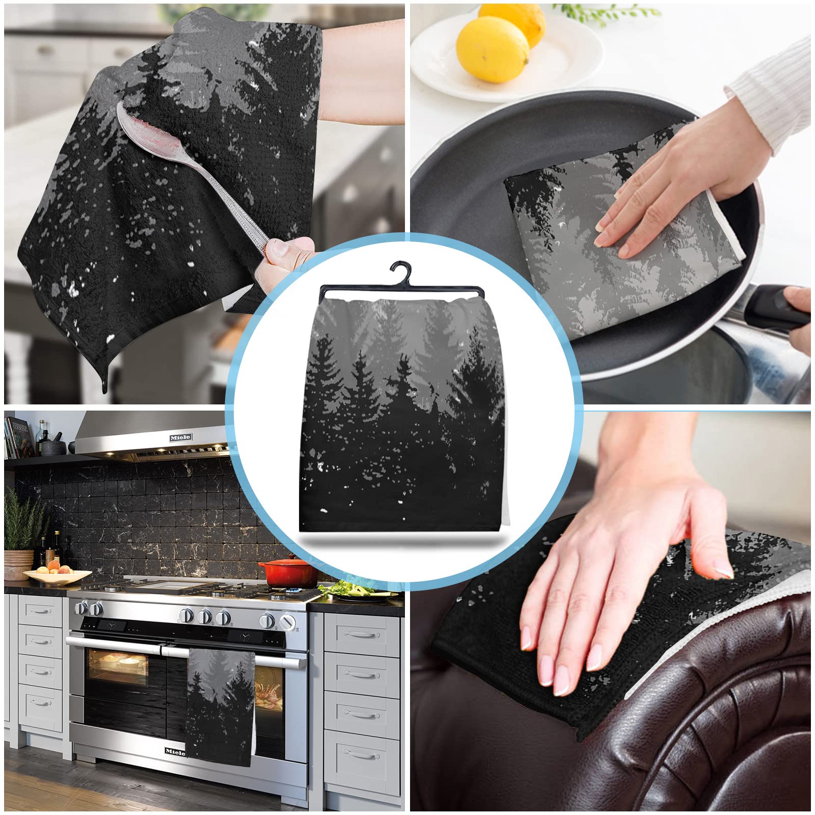 2 PCS Fall Autumn Tree Kitchen Towels 18"x28" Absorbent Cleaning Cloths for Drying Dish,Reusable Kitchen Rags Soft Terry Hand Tower Forest Grey Black Wood-Land Mountain Washable Dish Towel Dishcloths