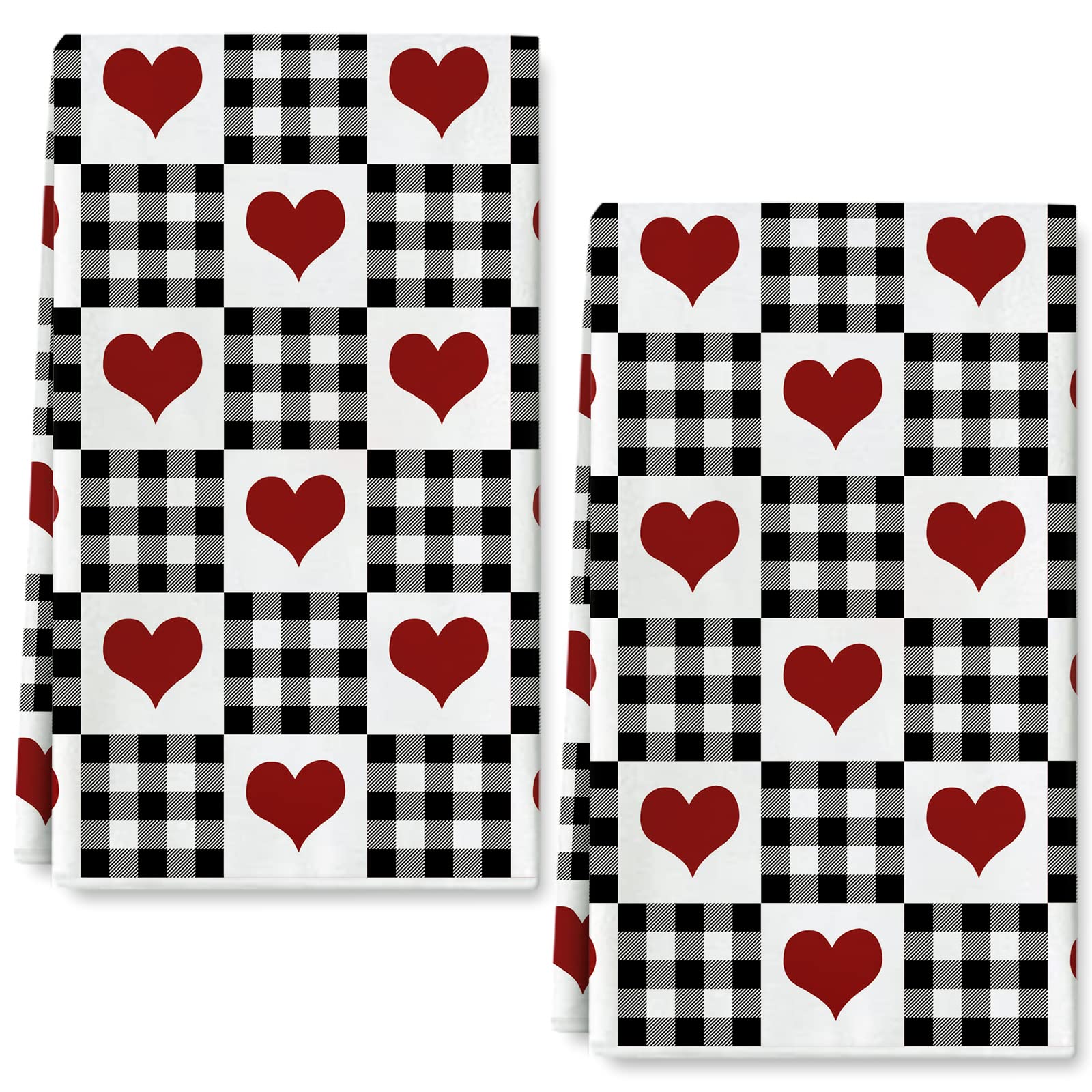 AnyDesign Valentine's Day Kitchen Towel 18 x 28 Buffalo Plaids Love Heart Dish Towel Romantic Sweet Hand Drying Towel Tea Towel for Wedding Anniversary Cooking Baking, Set of 2