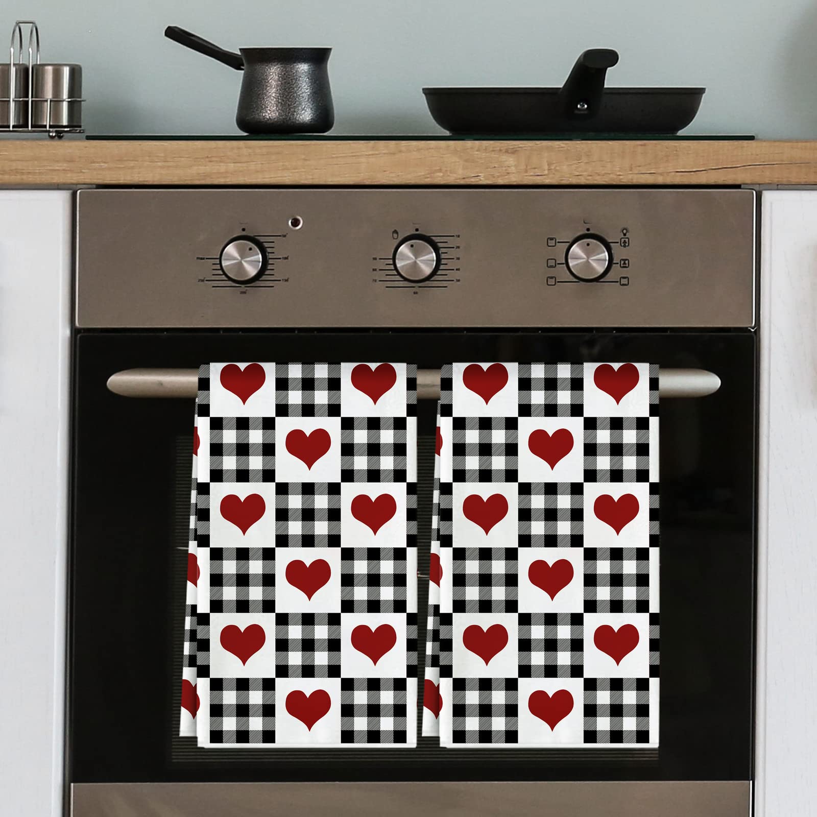 AnyDesign Valentine's Day Kitchen Towel 18 x 28 Buffalo Plaids Love Heart Dish Towel Romantic Sweet Hand Drying Towel Tea Towel for Wedding Anniversary Cooking Baking, Set of 2