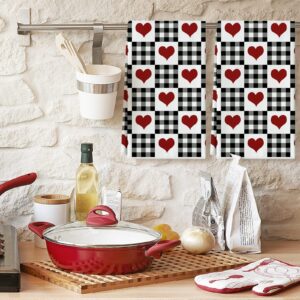 AnyDesign Valentine's Day Kitchen Towel 18 x 28 Buffalo Plaids Love Heart Dish Towel Romantic Sweet Hand Drying Towel Tea Towel for Wedding Anniversary Cooking Baking, Set of 2