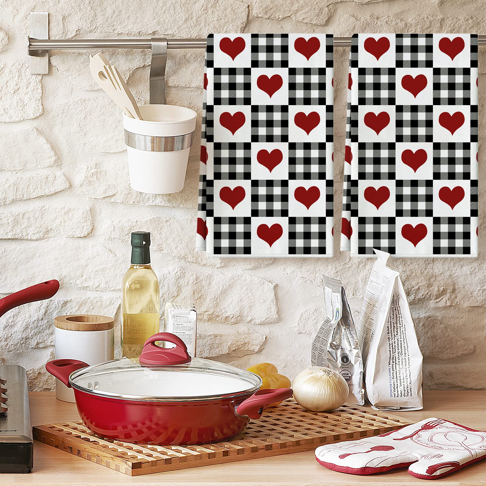 AnyDesign Valentine's Day Kitchen Towel 18 x 28 Buffalo Plaids Love Heart Dish Towel Romantic Sweet Hand Drying Towel Tea Towel for Wedding Anniversary Cooking Baking, Set of 2