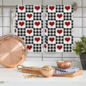 AnyDesign Valentine's Day Kitchen Towel 18 x 28 Buffalo Plaids Love Heart Dish Towel Romantic Sweet Hand Drying Towel Tea Towel for Wedding Anniversary Cooking Baking, Set of 2