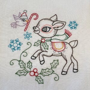 Christmas embroidered flour sack tea towel, Christmas reindeer, vintage pattern, 1 in set of 7 designs, machine embroidery