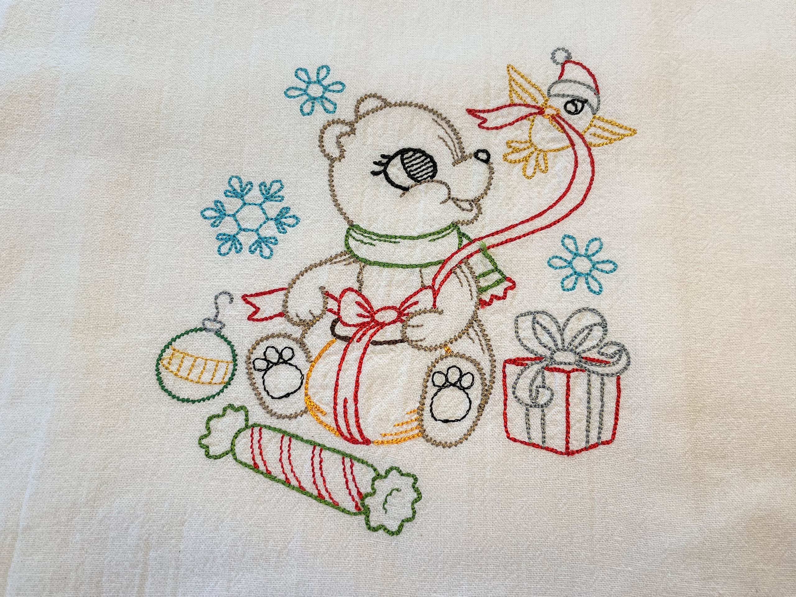 Christmas embroidered flour sack tea towel, Christmas reindeer, vintage pattern, 1 in set of 7 designs, machine embroidery