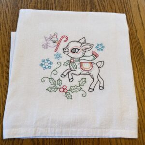 Christmas embroidered flour sack tea towel, Christmas reindeer, vintage pattern, 1 in set of 7 designs, machine embroidery