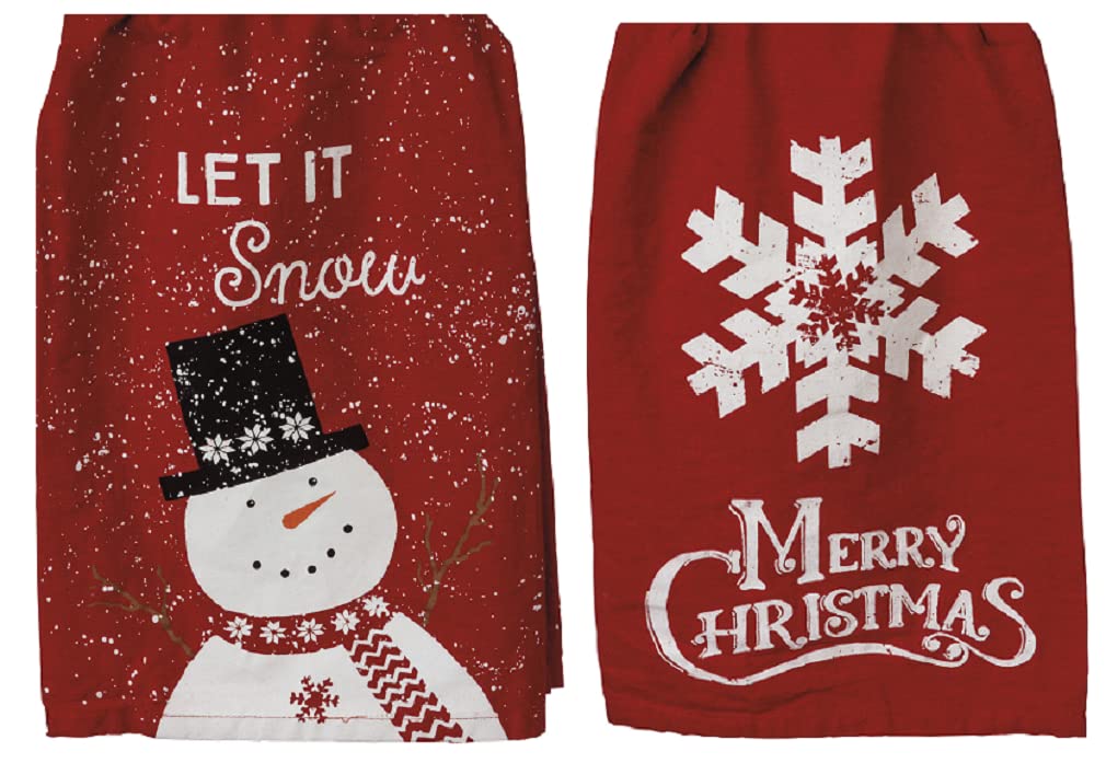 PBK Primitives by Kathy 2 Piece Bundle Red Christmas Kitchen Towels, Merry Christmas and Let It Snow