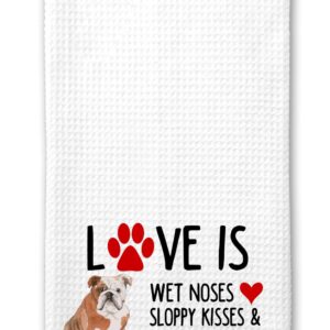 The Creating Studio Personalized Love is Wet Noses Sloppy Kisses and an English Bulldog Waffle Kitchen Towel -15"x25" Housewarming Gift, Dog Lover Gift