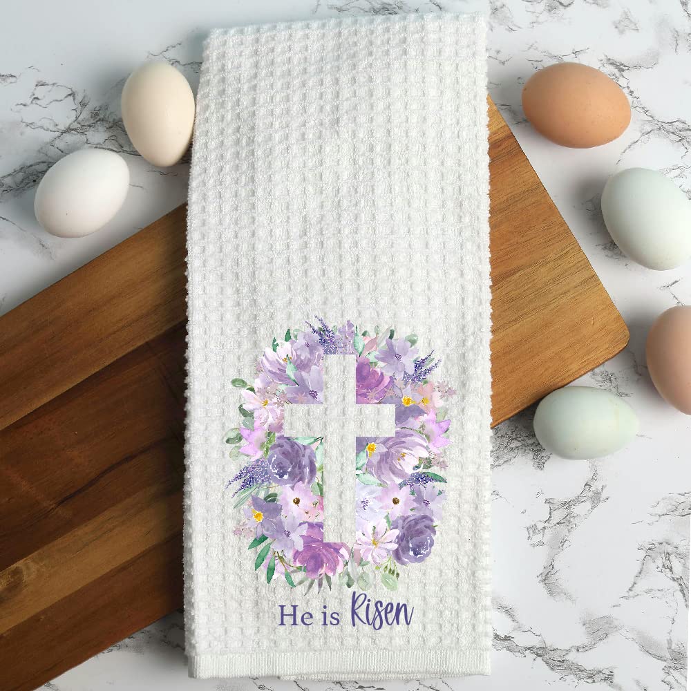 Floral Cross Dish Towel Easter Cross Religious Cross Purple Flowers Easter Dish Towel Happy Easter Christian Design He is Risen, White, 16'' x 24''