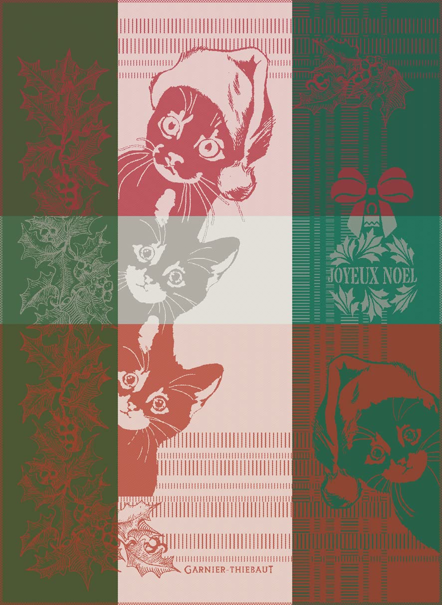 Metr Garnier-Thiebaut, Chats de Noël (Christmas Cats), Rouge French Jacquard Christmas Kitchen/Tea Towel