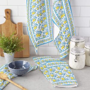 Kitchen Towels Set Lemon Watercolor Tea Towel Microfiber Absorbent Washable Blue White Flower 3 Pack 18x28 Inches Absorbent Soft Cotton Dish Cloths Bar Towels & Tea Towels