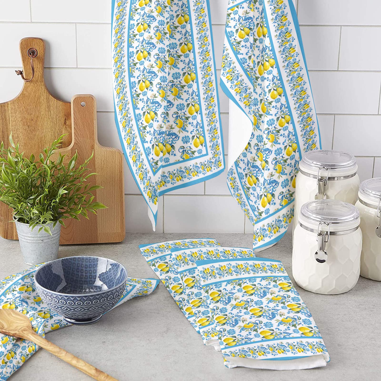 Kitchen Towels Set Lemon Watercolor Tea Towel Microfiber Absorbent Washable Blue White Flower 3 Pack 18x28 Inches Absorbent Soft Cotton Dish Cloths Bar Towels & Tea Towels