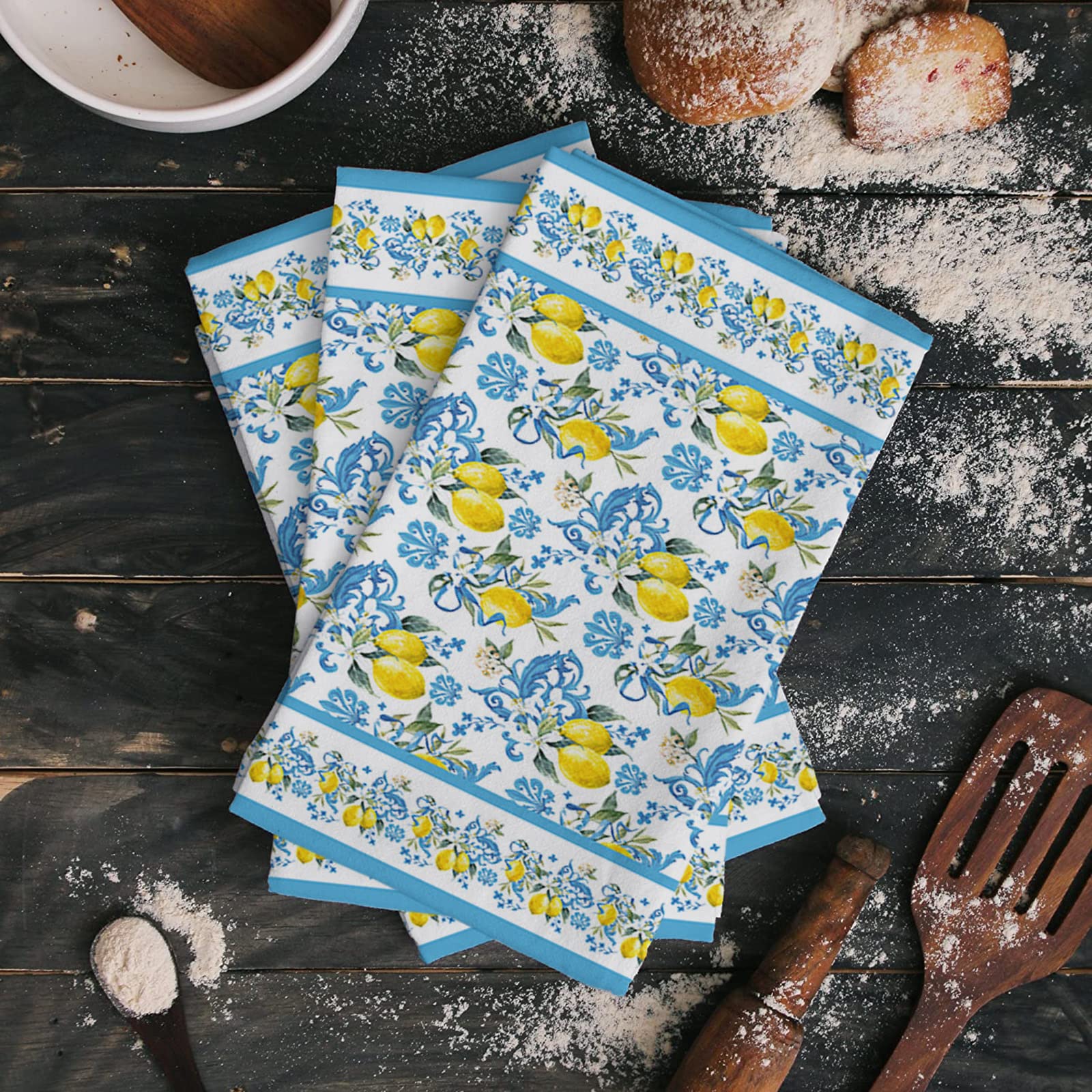 Kitchen Towels Set Lemon Watercolor Tea Towel Microfiber Absorbent Washable Blue White Flower 3 Pack 18x28 Inches Absorbent Soft Cotton Dish Cloths Bar Towels & Tea Towels