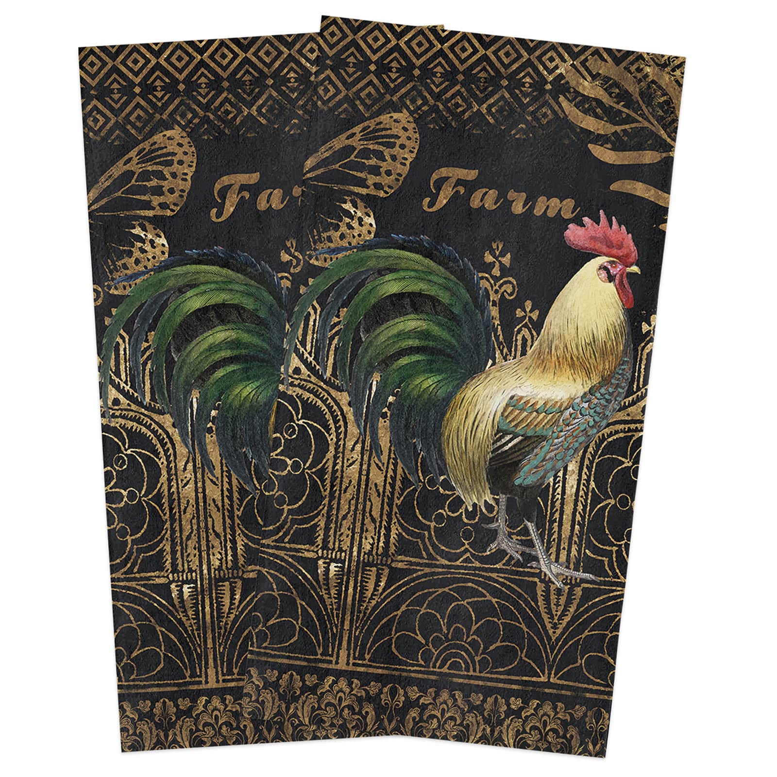 Zadaling Farmhouse Animals Rooster Golden Letter Kitchen Towels, 18x28 Inches Soft Dish Cloth,Cotton Tea Towels/Bar Towels/Hand Towels for Bathroom(2 Pack)