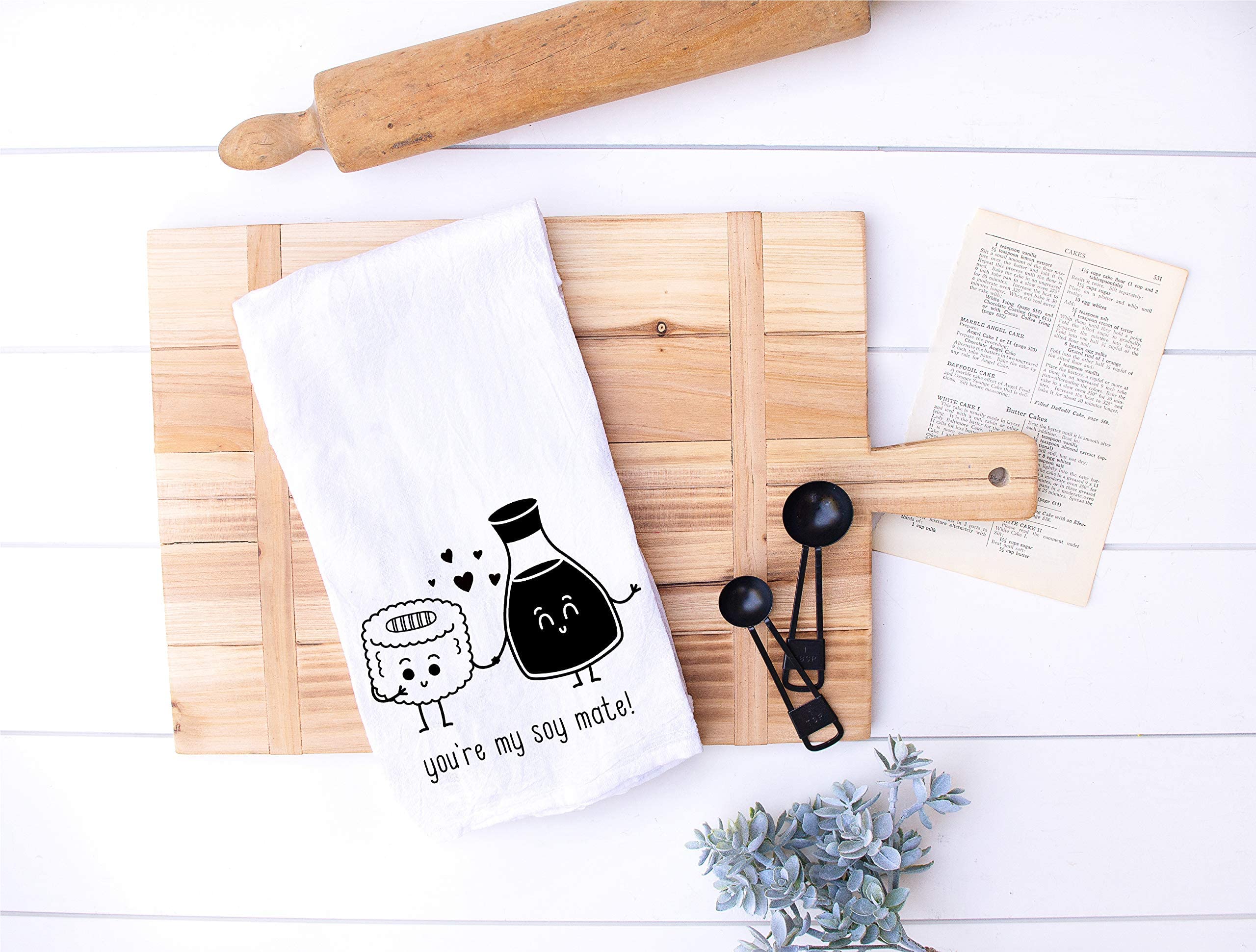 Handmade Funny Kitchen Towel - 100% Cotton Funny Hand Towel for Sushi Lovers - 28x28 Inch Perfect for Chef Housewarming Christmas Mother's Day Birthday Gift (You are My Soy Mate)