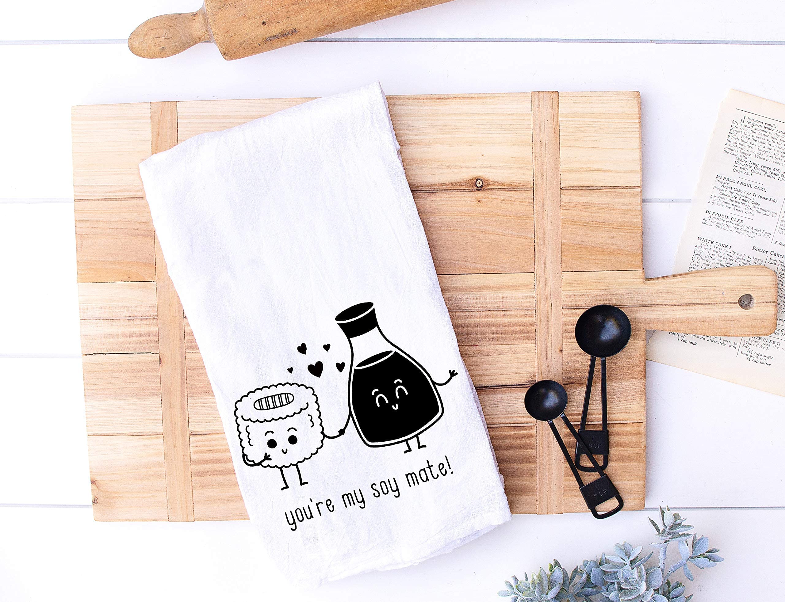 Handmade Funny Kitchen Towel - 100% Cotton Funny Hand Towel for Sushi Lovers - 28x28 Inch Perfect for Chef Housewarming Christmas Mother's Day Birthday Gift (You are My Soy Mate)