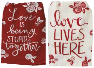 2 piece valentine themed towel bundle - sentiments read love lives here and love is being stupid together