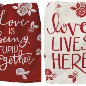 2 Piece Valentine Themed Towel Bundle - Sentiments Read Love Lives Here and Love Is Being Stupid Together