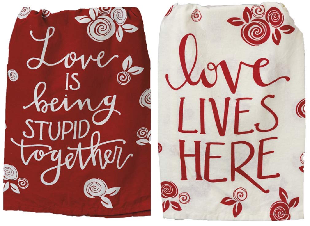 2 Piece Valentine Themed Towel Bundle - Sentiments Read Love Lives Here and Love Is Being Stupid Together