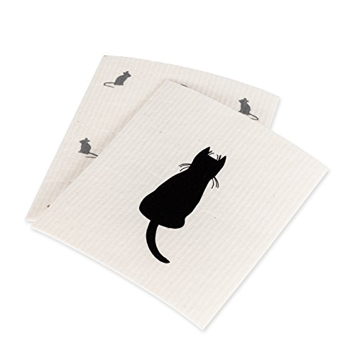 Abbott Collection 84-ASD-AB-08 S/2 Cat&Mice Dish Cloth-6.5x8 L, 6.5" x 8", White/Black