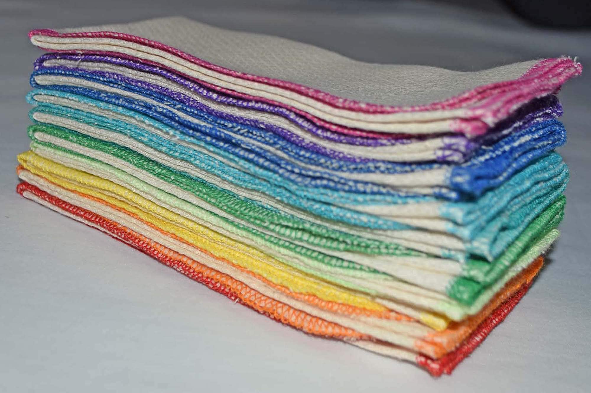 Gina's Soft Cloth Shop 2 Ply 11x12 Inches Unbleached Cotton Birdseye Paperless Towel Set of 10 Rainbow Edging