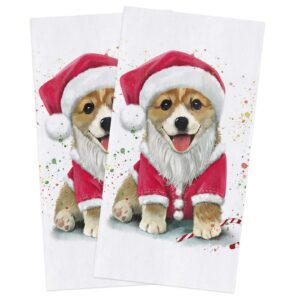 leokoti corgi with christmas decor kitchen towels, absorbent dish cloths hand towels for bathroom, cute puppy colorful ink backdrop decorative dish towels tea towels bar towels 18"x28", 2 pack