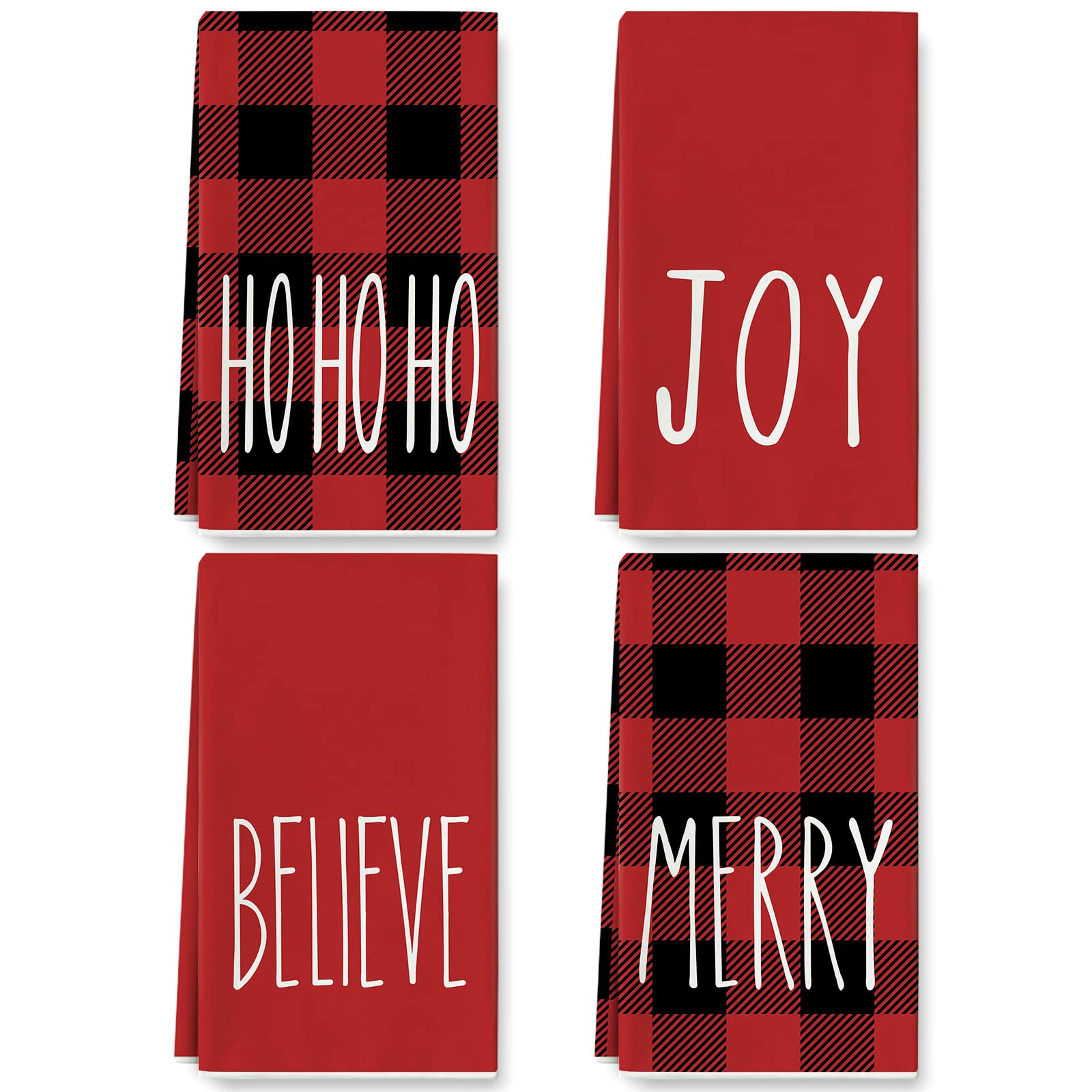 AnyDesign Christmas Kitchen Towel Red Black Buffalo Plaids Dish Towel 28 x 18 Merry Joy Tea Towel Decorative Hand Drying Towel for Kitchen Farmhouse Cooking Baking Party Supplies, 4 Pack