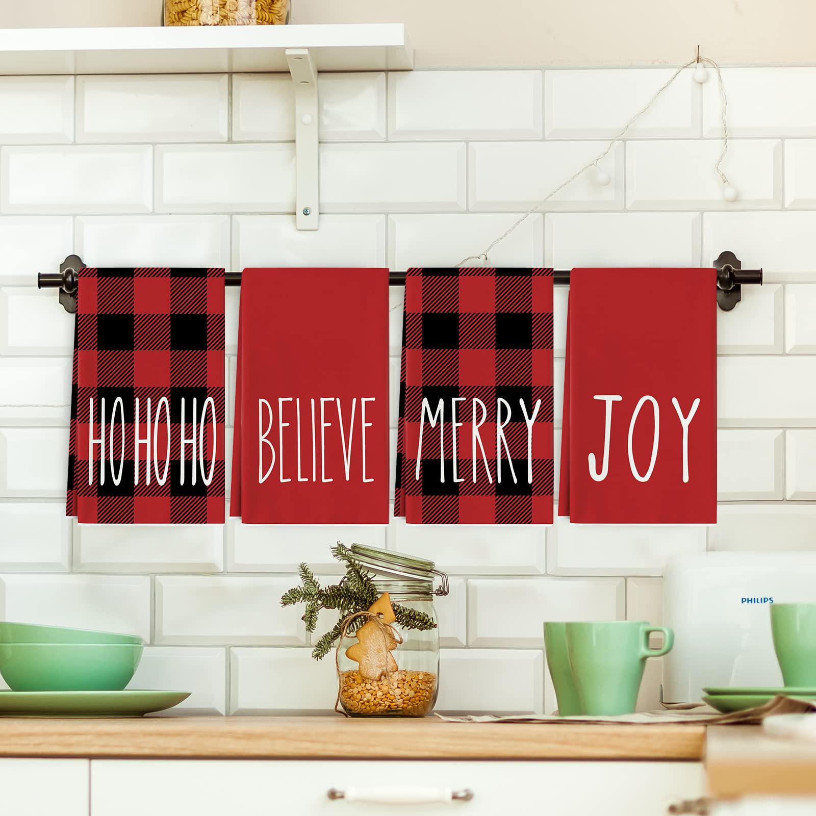 AnyDesign Christmas Kitchen Towel Red Black Buffalo Plaids Dish Towel 28 x 18 Merry Joy Tea Towel Decorative Hand Drying Towel for Kitchen Farmhouse Cooking Baking Party Supplies, 4 Pack