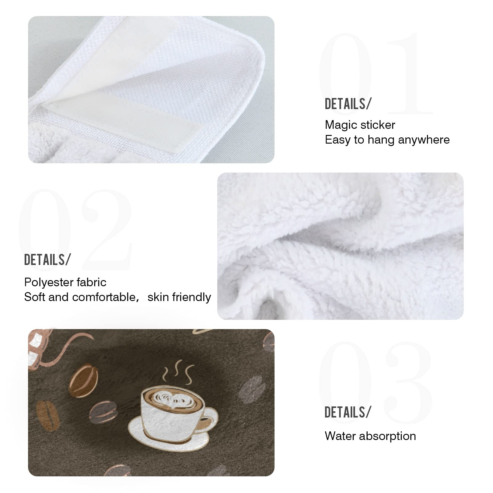 Qilmy Coffee Theme Hanging Kitchen Towel Set of 2, Absorbent Tie Towel Tea Bar Dish Towels for Kitchen Bathroom Home Decor 12 x 17 Inch