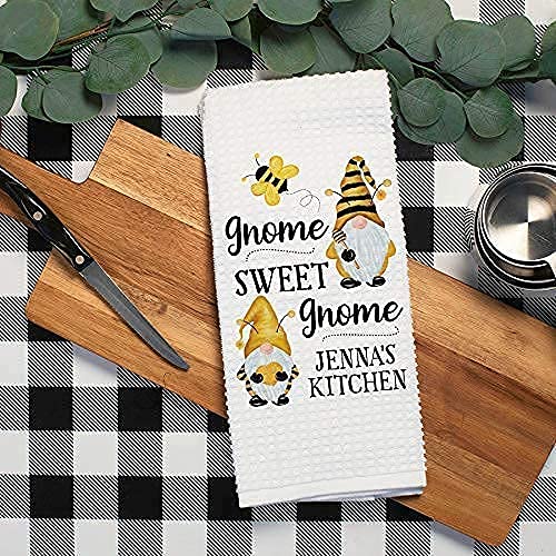 Personalized Gnome Sweet Gnome Kitchen Towel | Custom Bee Theme Dish Towel | Summer Kitchen Decor | Seasonal Decor | Kitchen Accessories | Housewarming Gift | Gift for Friend | Funny Gnome Pun