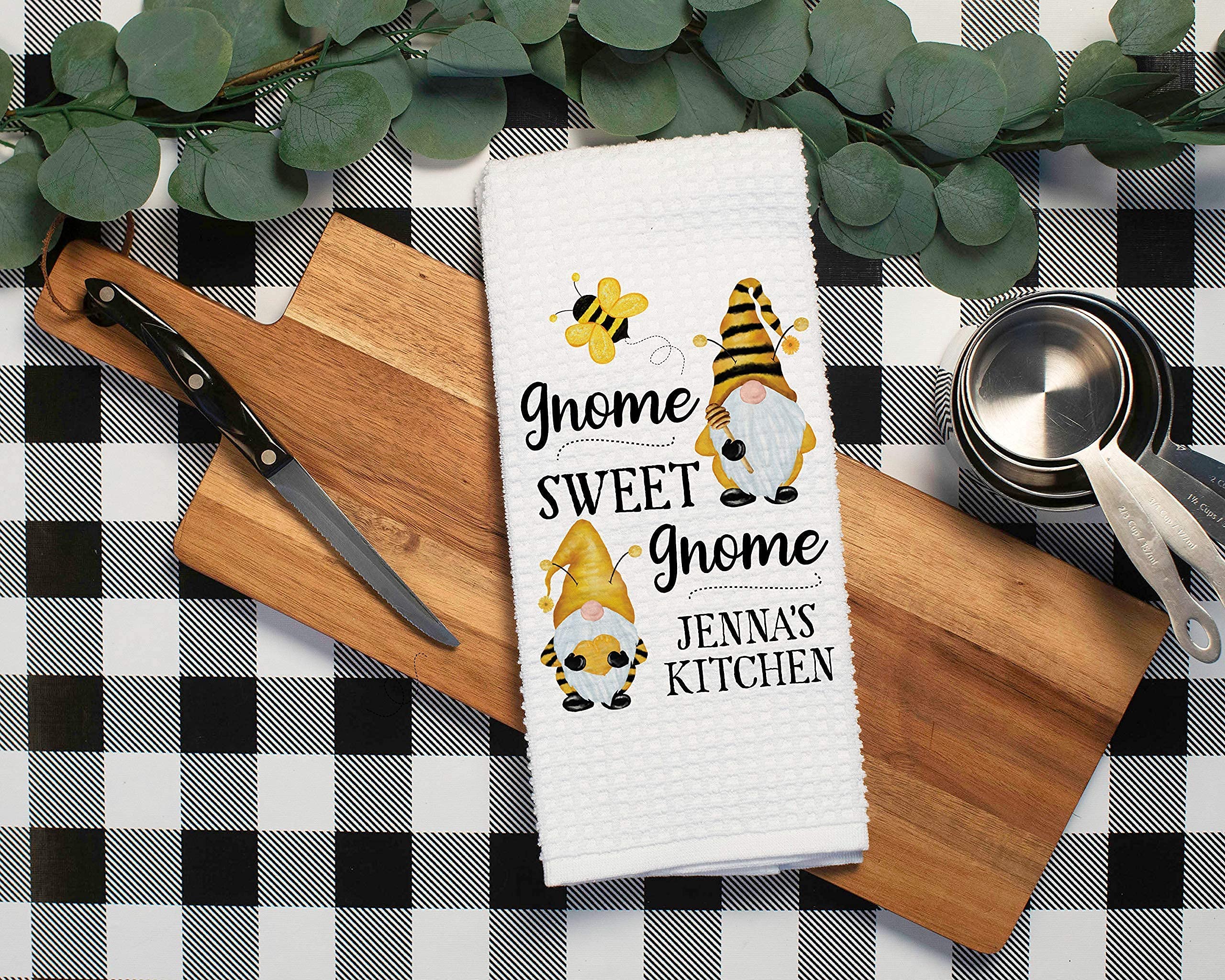 Personalized Gnome Sweet Gnome Kitchen Towel | Custom Bee Theme Dish Towel | Summer Kitchen Decor | Seasonal Decor | Kitchen Accessories | Housewarming Gift | Gift for Friend | Funny Gnome Pun