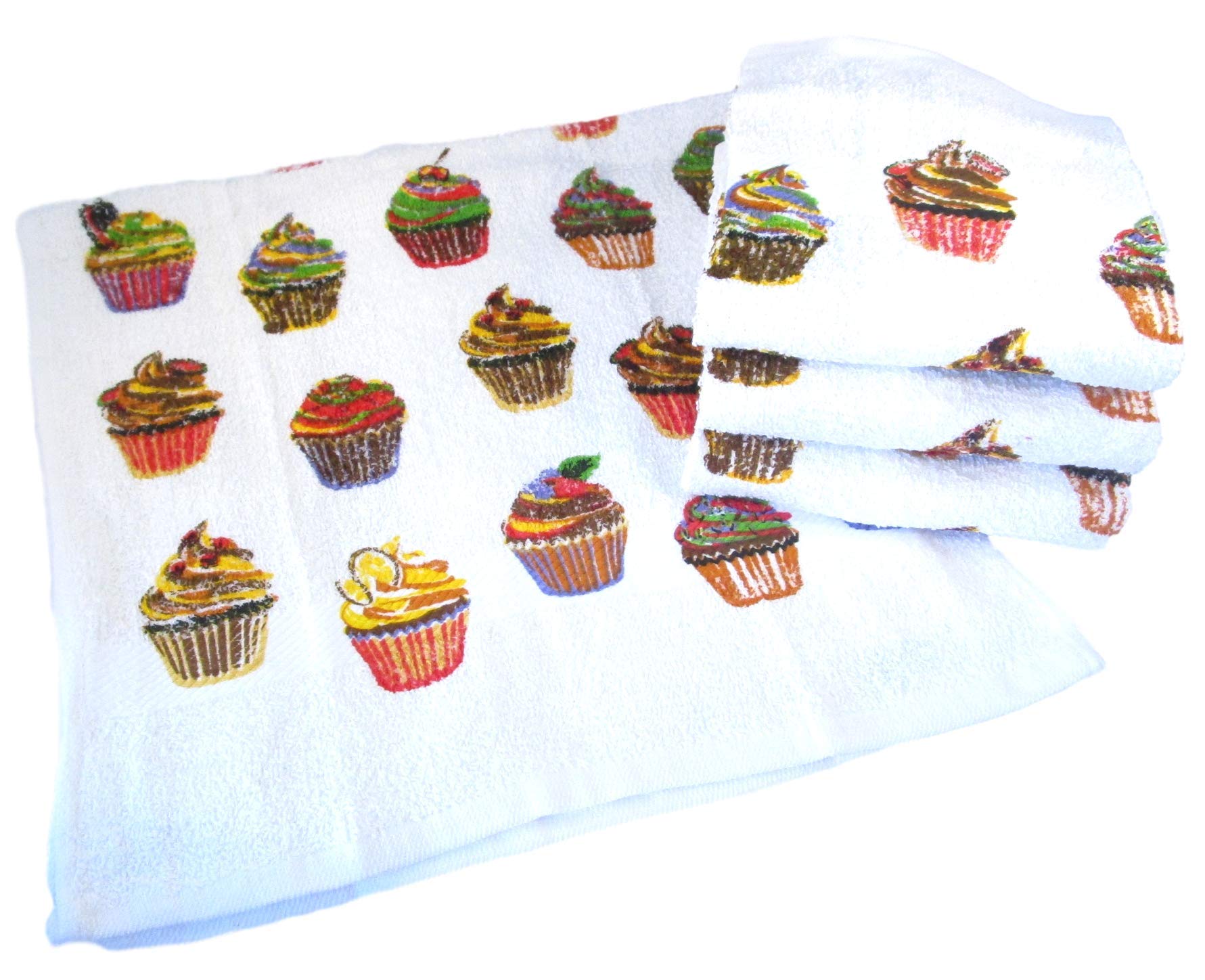 CapesTreasures Pattern Kitchen Dish Towels - Pack of 4 (Cup Cakes)