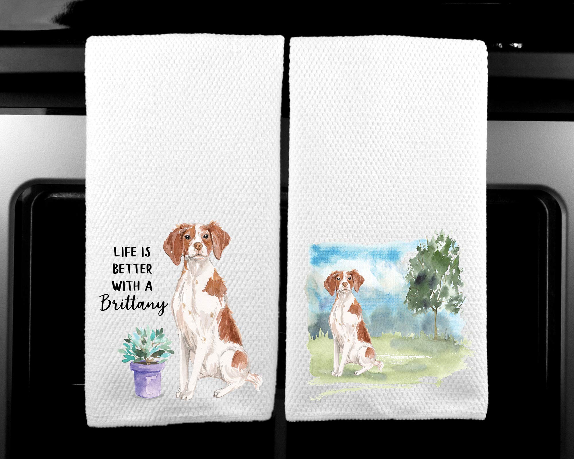 Brittany Landscape and Watercolor Dog Life is Better Microfiber Kitchen Tea Towel Set of 2