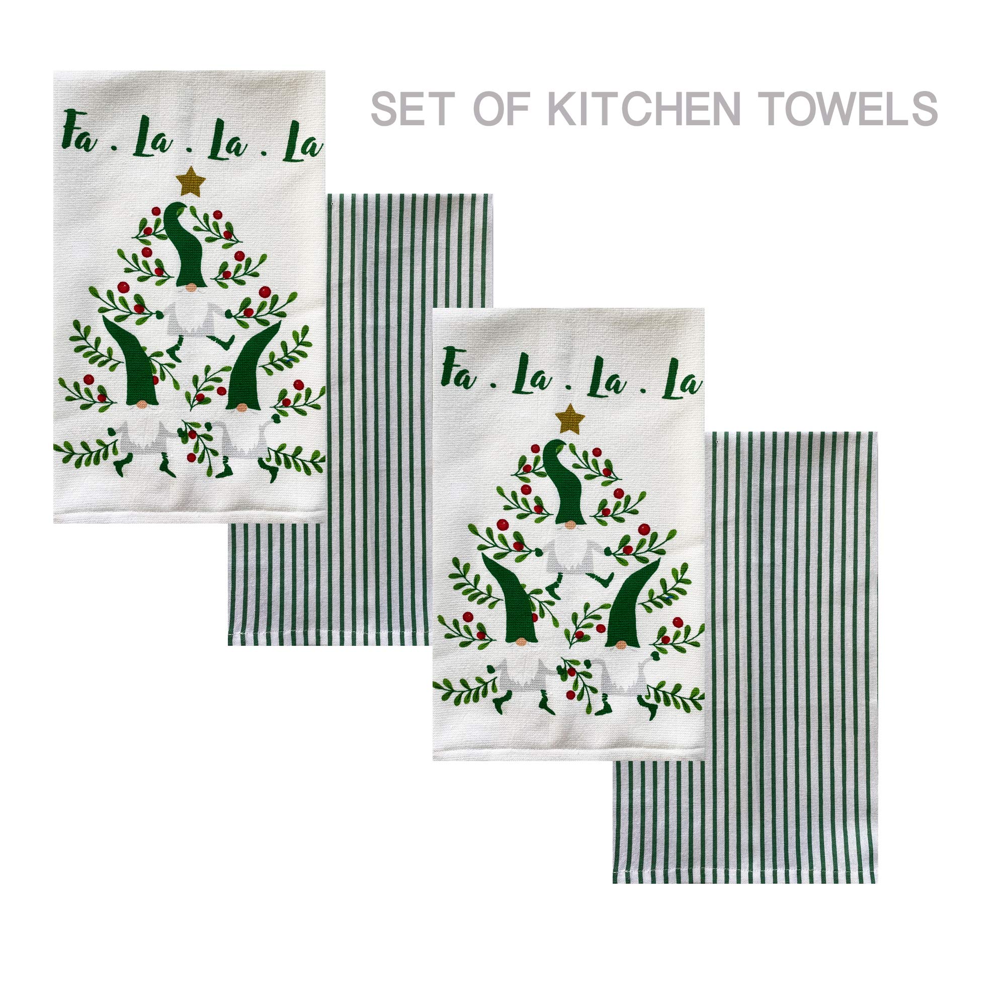 Lintex Falala Christmas Elves 4 Piece 100% Cotton Oversized Dish Towel Set - 2 Whimsical Elf and 2 Hunter Buffalo Check 16” x 28” Winter Holiday Fast Drying Kitchen Towels, Elf/Check 4 Pack Set