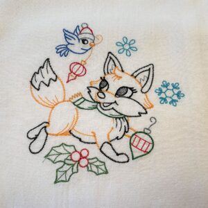 Christmas embroidered flour sack tea towel, Christmas fox, vintage pattern, 1 in set of 7 designs, machine embroidery