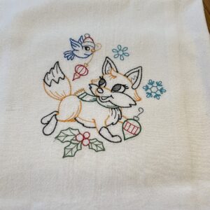 Christmas embroidered flour sack tea towel, Christmas fox, vintage pattern, 1 in set of 7 designs, machine embroidery