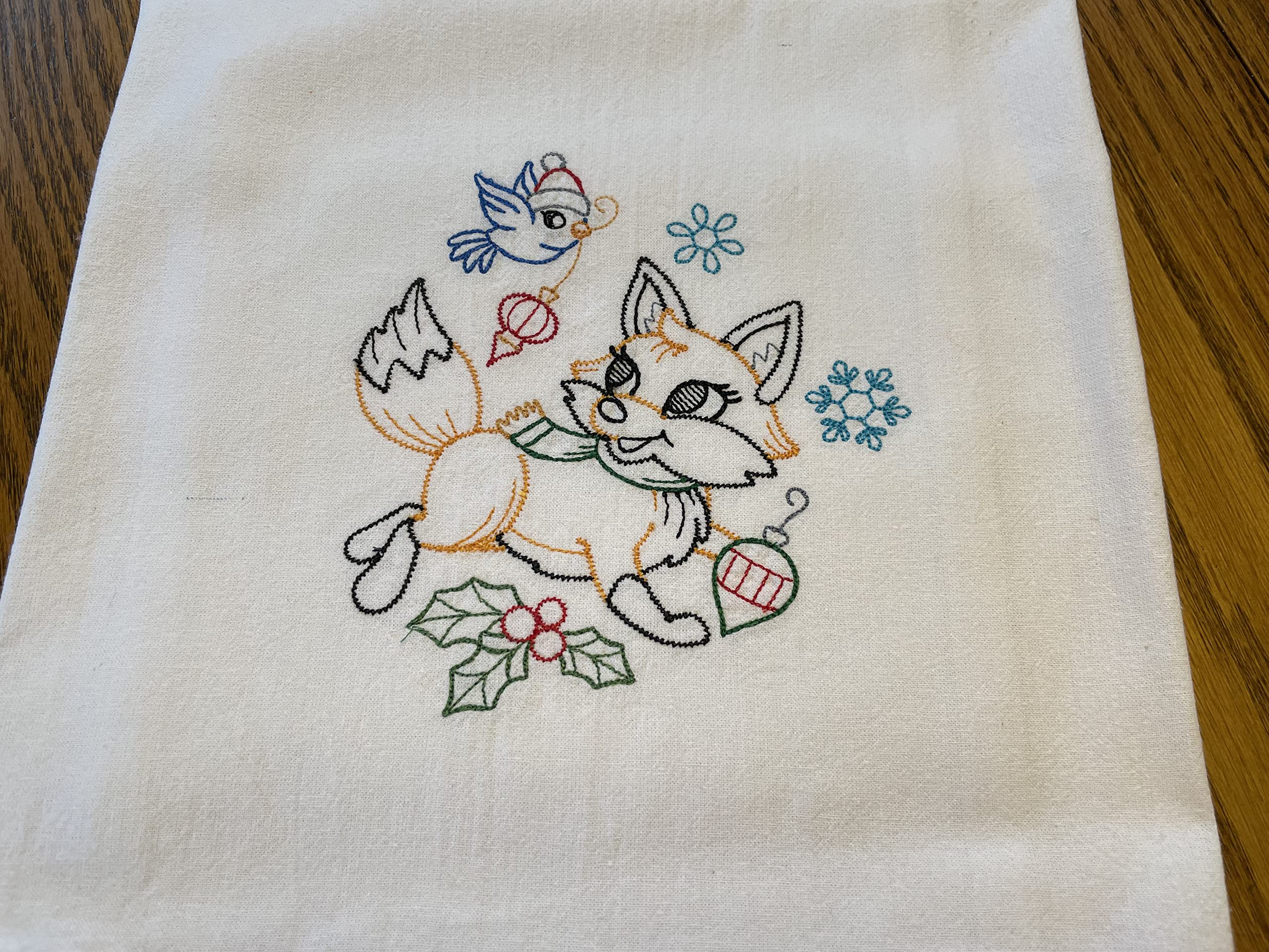 Christmas embroidered flour sack tea towel, Christmas fox, vintage pattern, 1 in set of 7 designs, machine embroidery