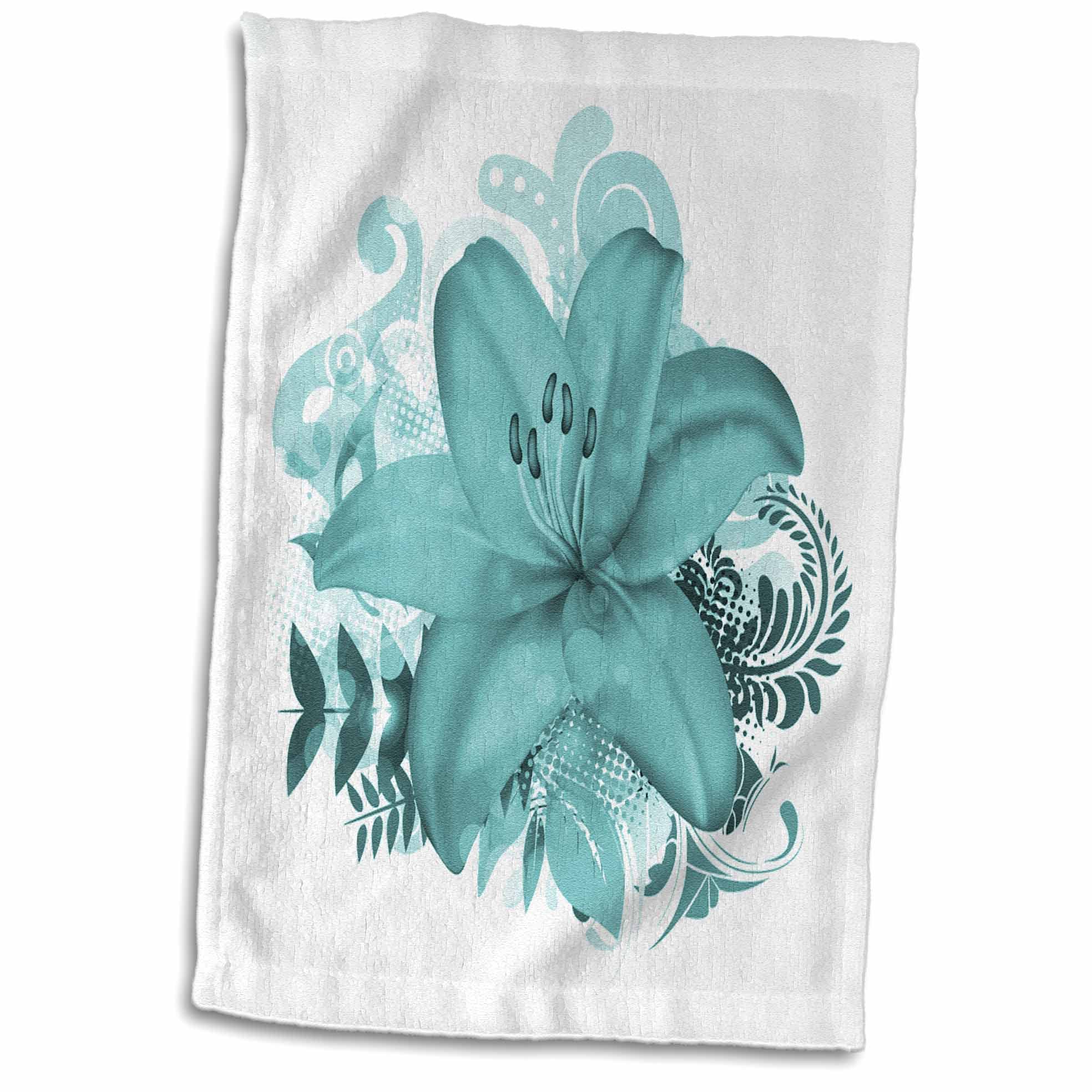 3D Rose One Large Beautiful Turquoise Tropical Lilly On A Flourish Background Towel, 15" x 22", Multicolor