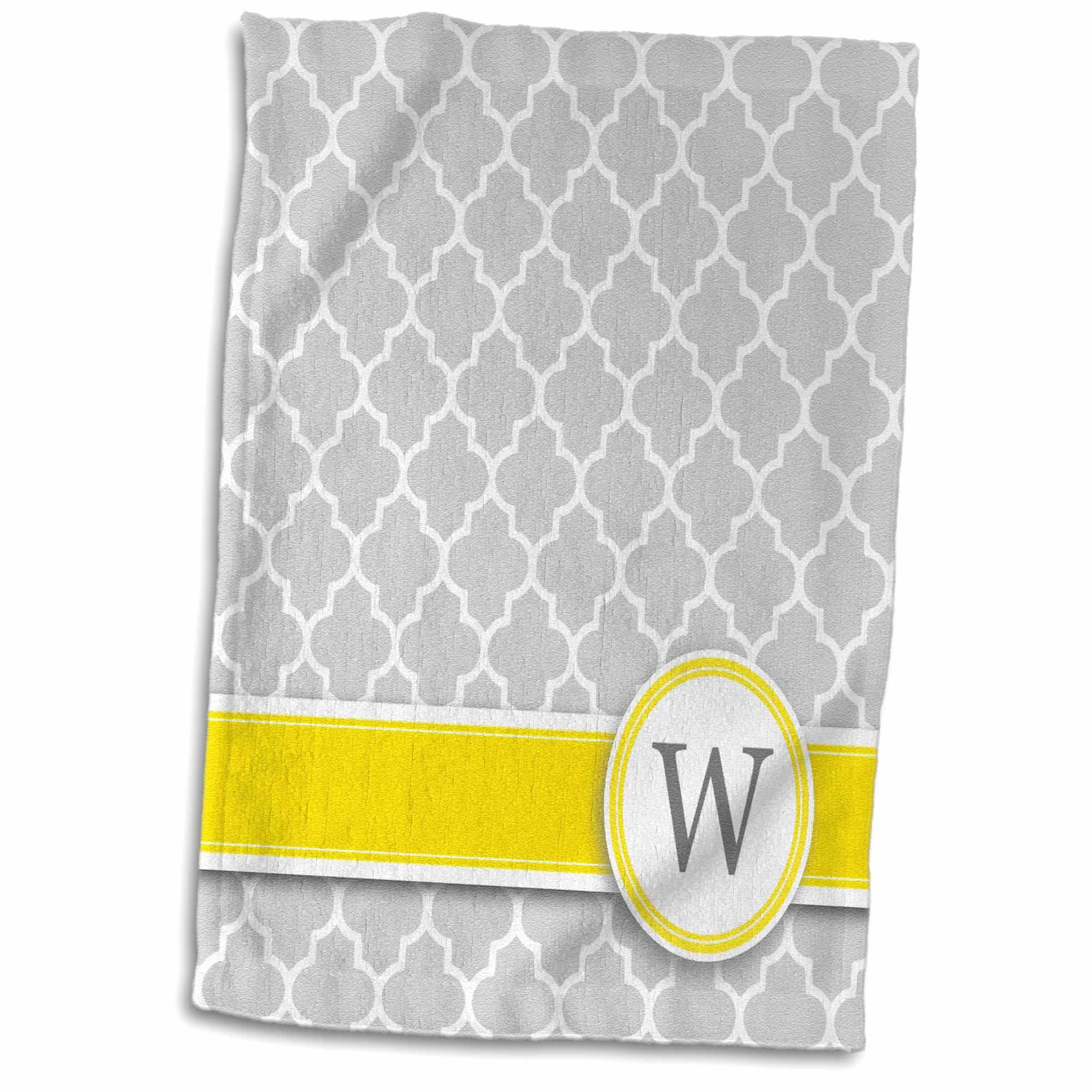 3D Rose Name Initial Letter W-Monogrammed Grey Quatrefoil Pattern-Personalized Yellow Gray Towel, 15" x 22", Multicolor