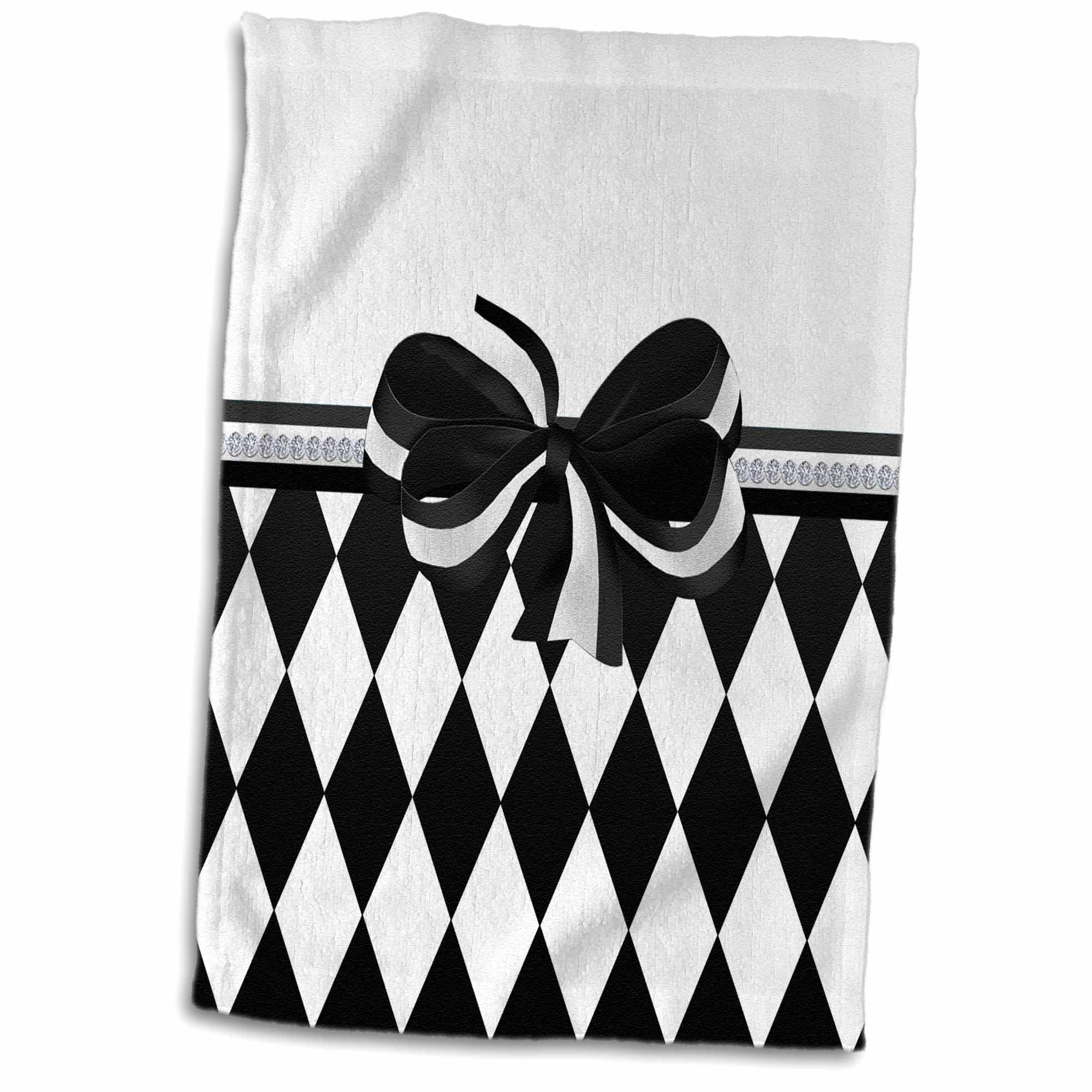 3D Rose Elegant Black and White Harlequin with Printed Bow Towel, 15" x 22", Multicolor