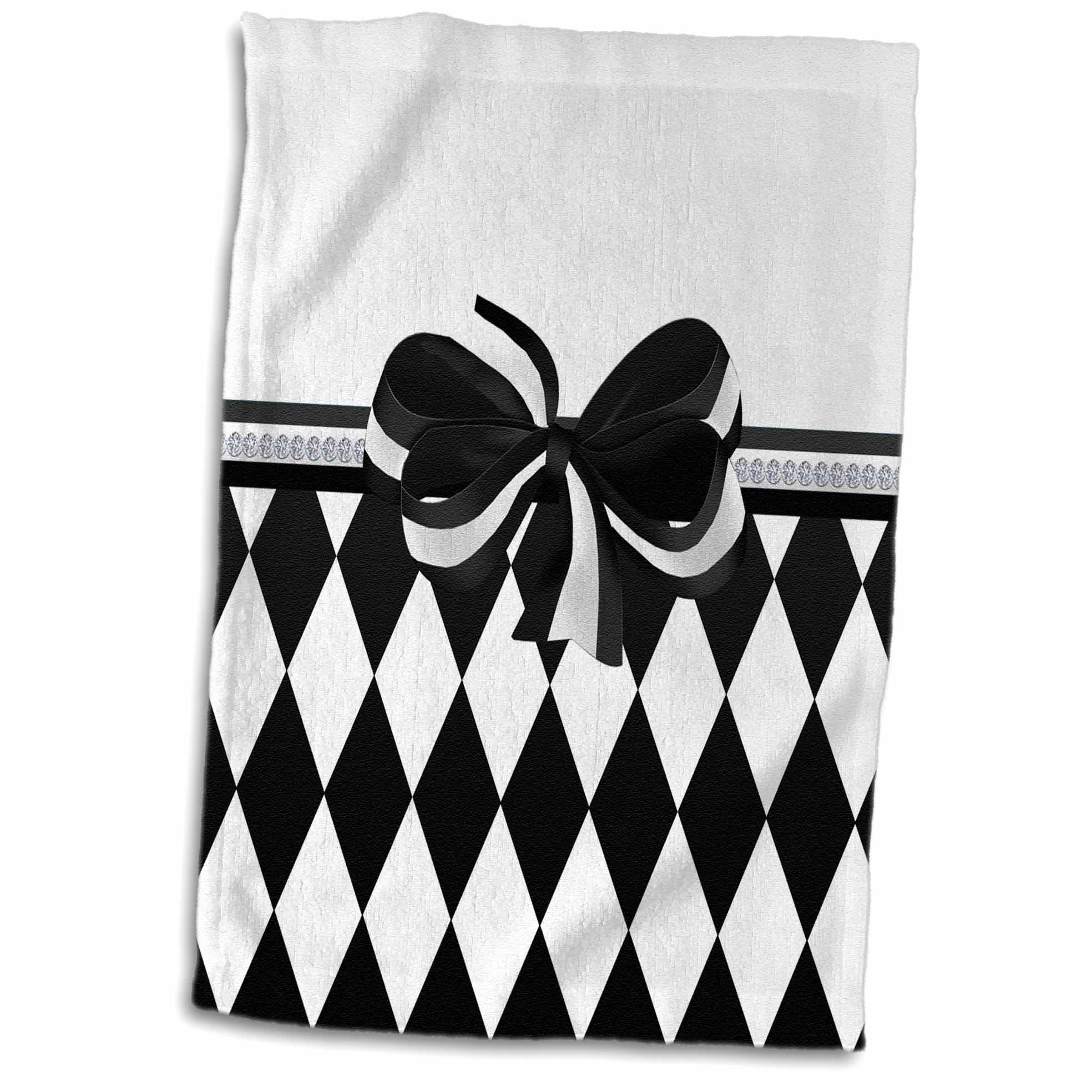 3D Rose Elegant Black and White Harlequin with Printed Bow Towel, 15" x 22", Multicolor