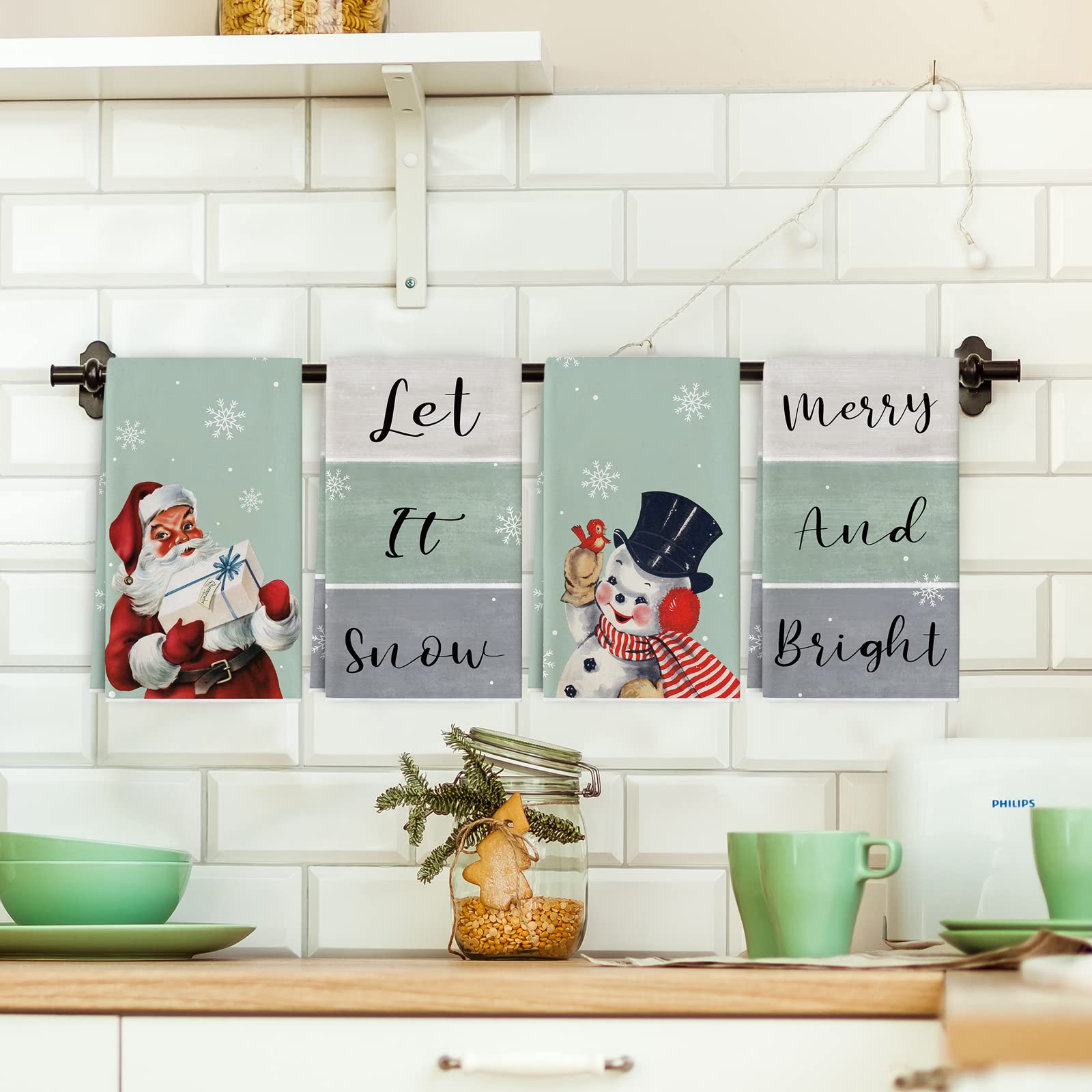 Whaline Christmas Kitchen Towel Snowman Santa Claus Snowflake Dish Towel 18 x 28 Inch Winter Holiday Let It Snow Merry Bright Hand Drying Towel Tea Towel for Cooking Baking, Set of 4